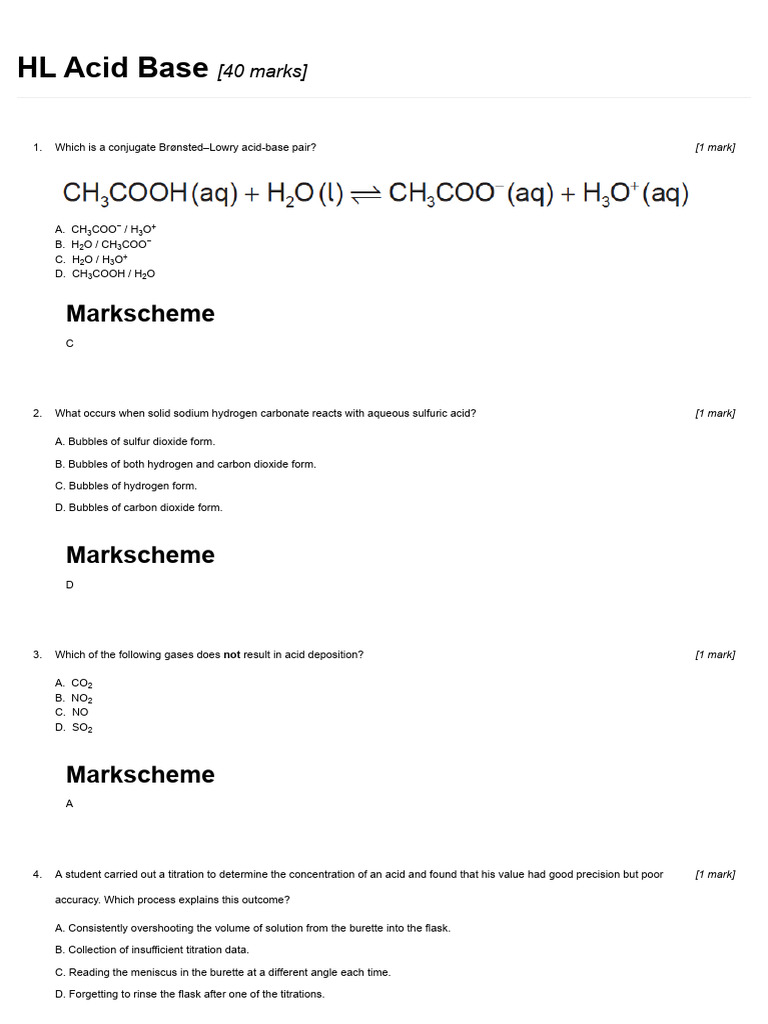 Acid-Base Chemistry Exam Questions | PDF | Acid | Ph