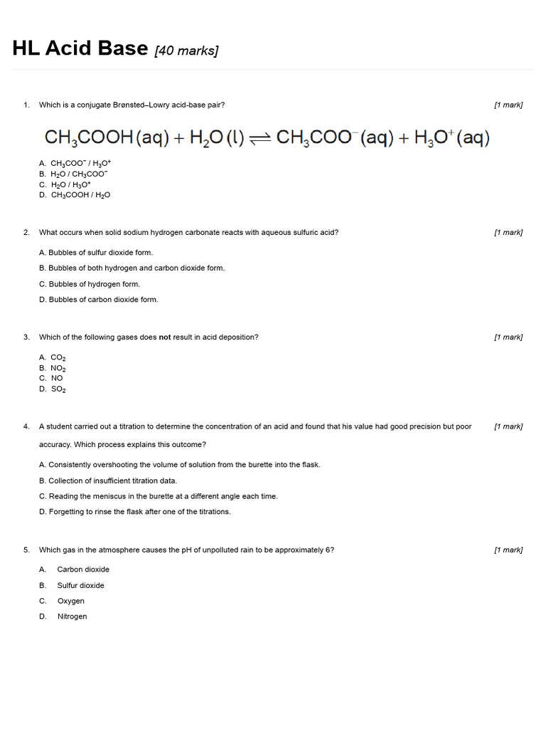 HL Acid Base Test | PDF | Acid | Titration