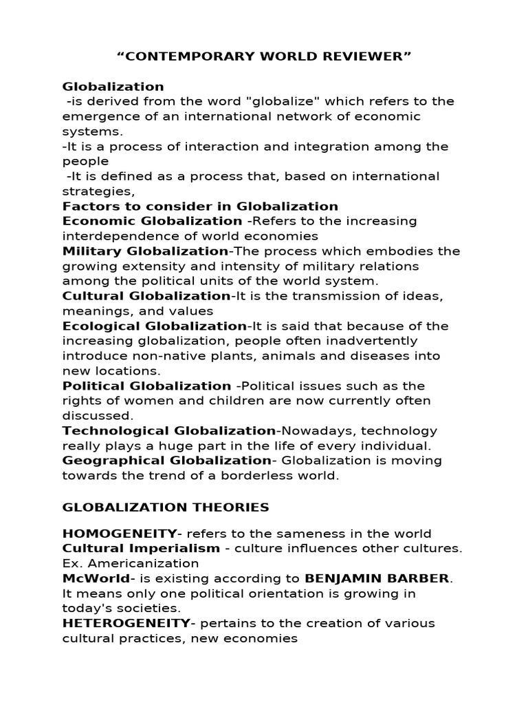 Contemporary World - Reviewer | PDF | World Systems Theory | Economies