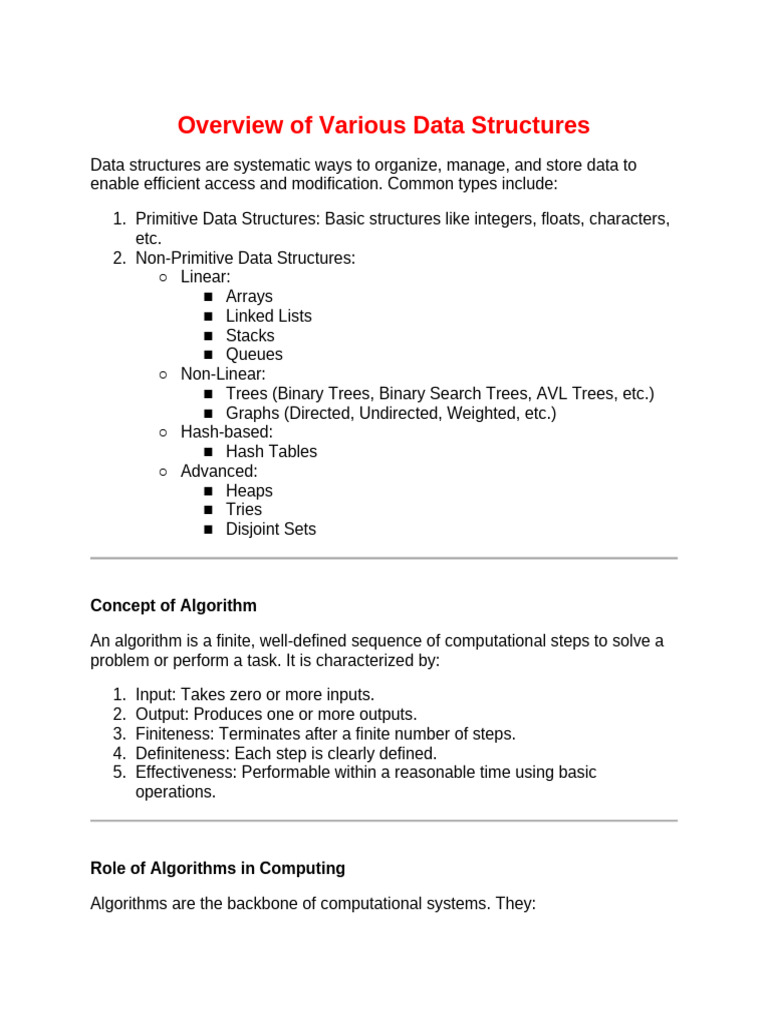 Overview of Various Data Structures | PDF | Time Complexity | Algorithms