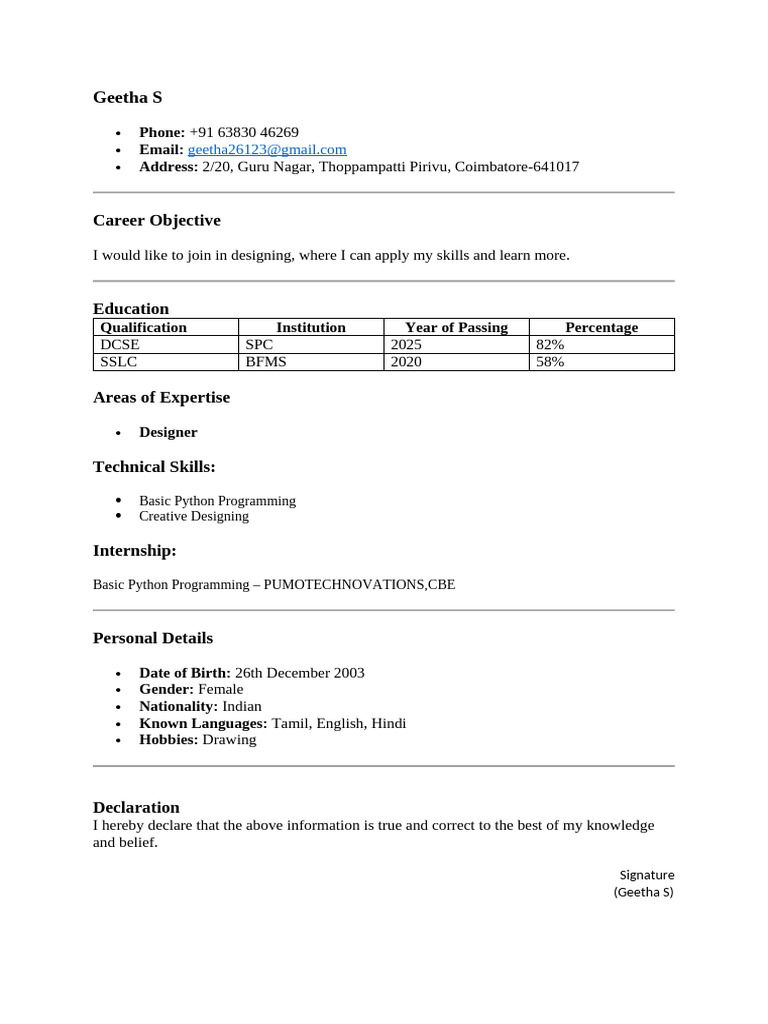 Geetha S: Designer Resume 2023 | PDF