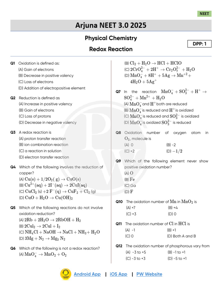 Redox Reactions - DPP 01 (Of Lecture 02) - Arjuna NEET 3.0 2025 | PDF | Redox | Chemical Reactions