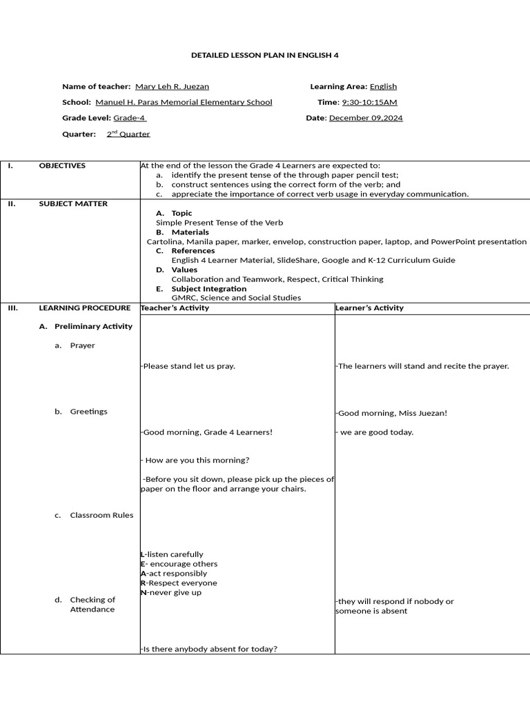 Detailed Lesson Plan in English 4 | PDF | Lesson Plan | Verb