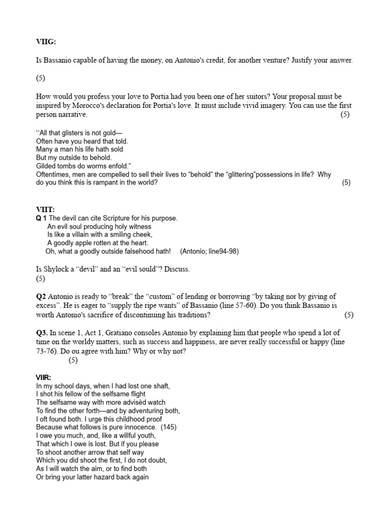 Literature Test 1-2016 Merchant of Venice | PDF | The Merchant Of ...