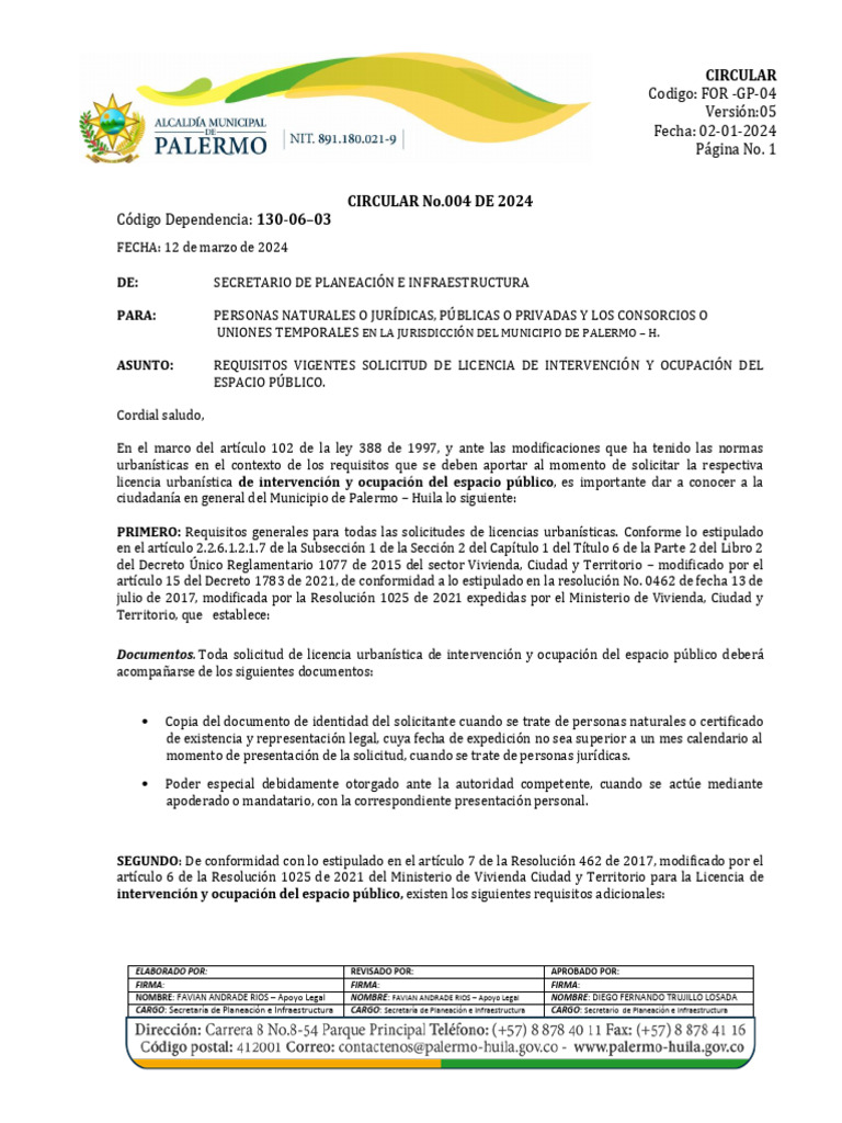 CIRCULAR 004 - INTERVENCION ESPACIO PUBLICO | PDF