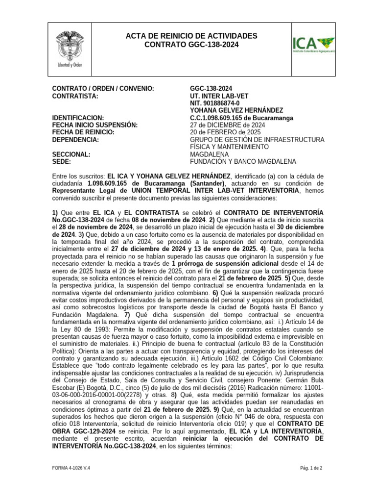 ACTA DE REINICIO GGC-138 - 2024 - INTERVENTORIA Rev LEP | PDF