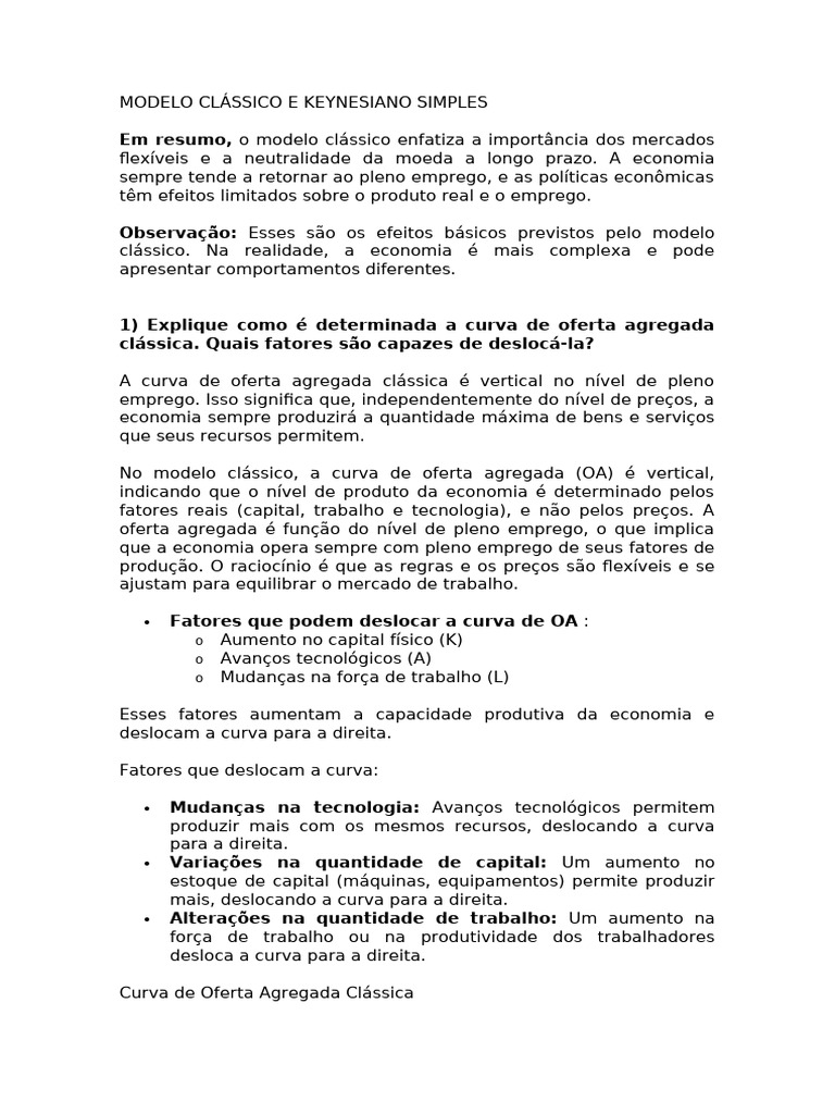 Lista de Exercícios - MODELO CLÁSSICO E KEYNESIANO SIMPLES | PDF | Economia keynesiana ...