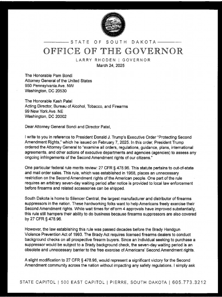 Gov Rhoden Letter To AG Bondi 3-24-25 | PDF