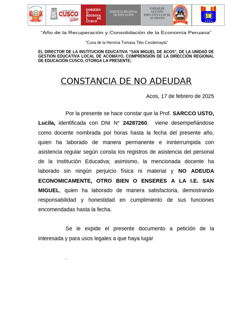 Constancia de No Adeudar | PDF