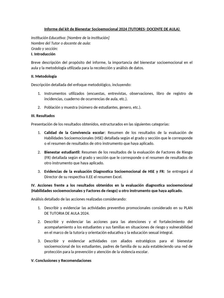 INFORME DEL KIT DE BIENESTAR SOCIOEMOCIONAL (TUTOR) | PDF