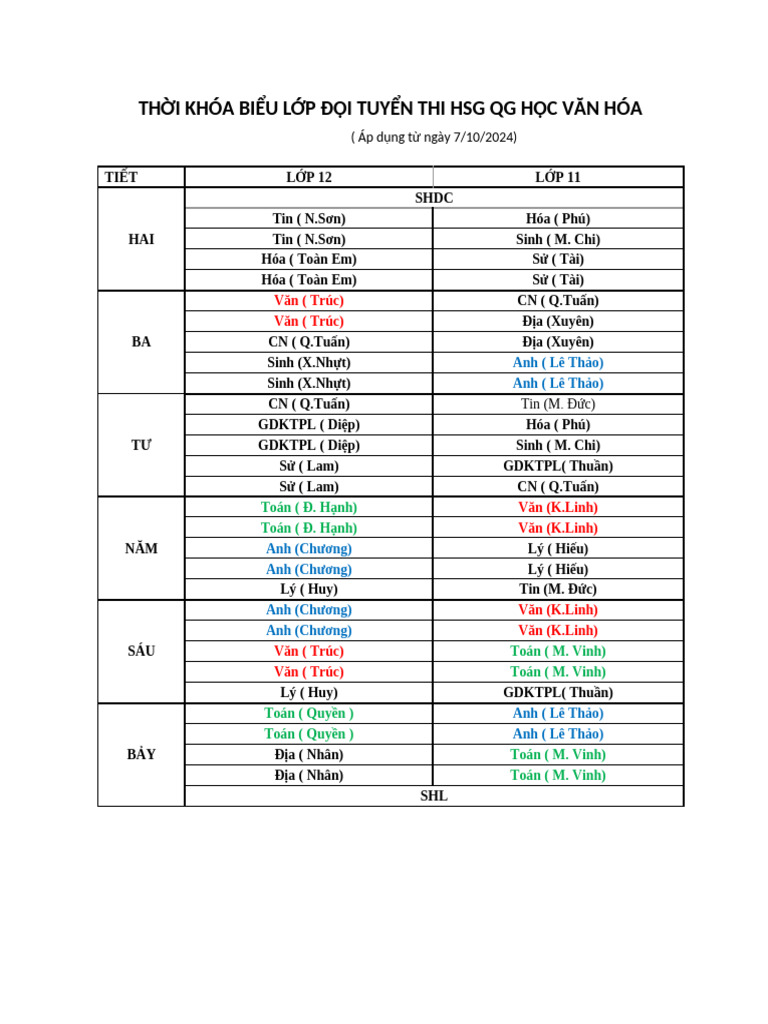 THỜI KHÓA BIỂU LỚP ĐỘI TUYỂN THI HSG QG HỌC VĂN HÓA 7.10 | PDF