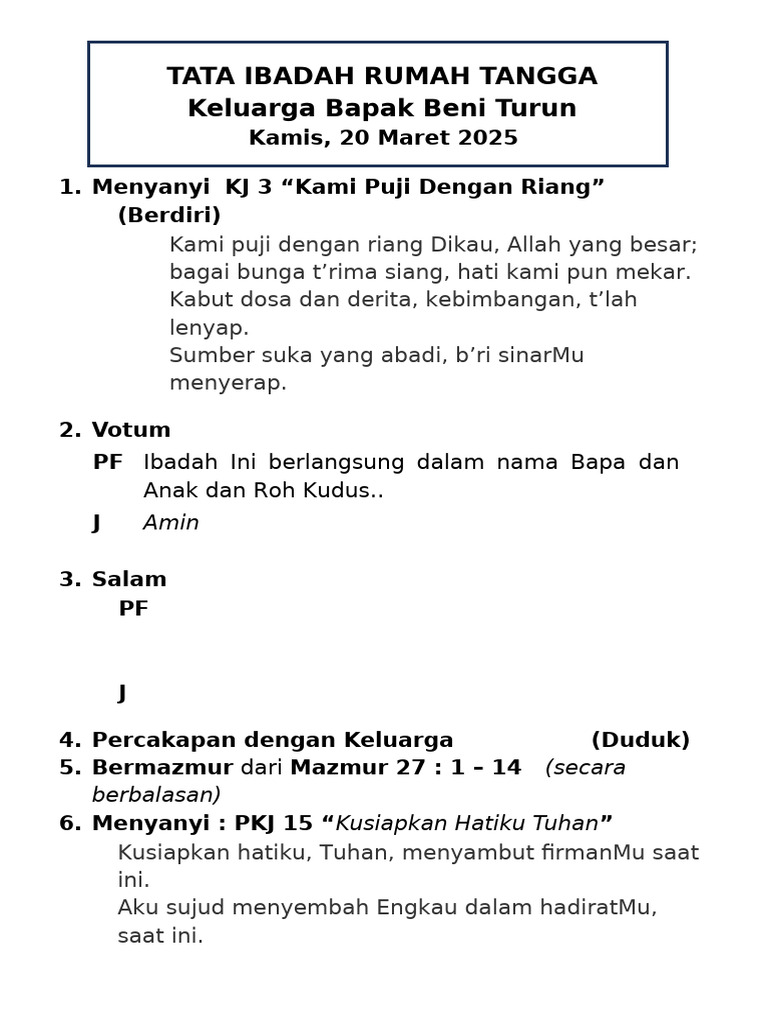 TATA IBADAH RUMAH TANGGA KEL BENI TURUN 20 Maret | PDF