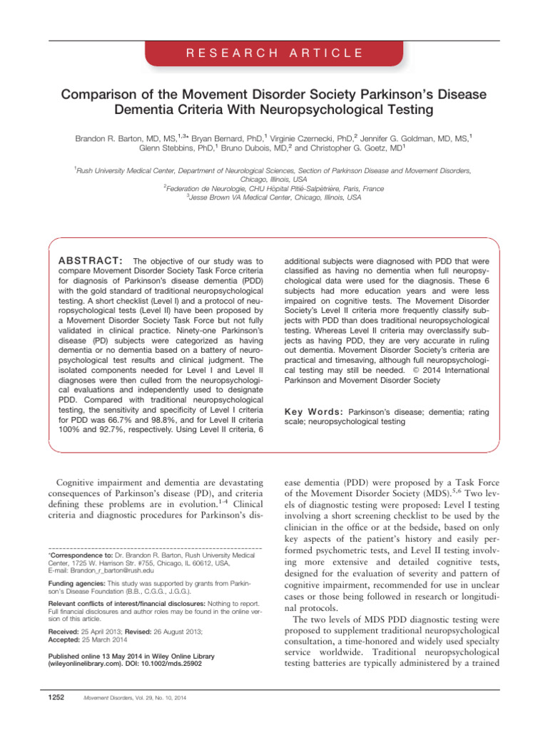 Comparison of The Movement Disorder Society Parkinson's Disease ...
