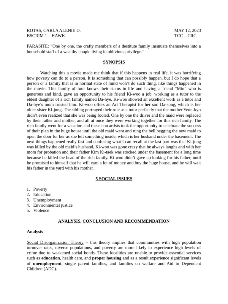Parasite Movie - Reaction Paper | PDF | Poverty | Poverty & Homelessness