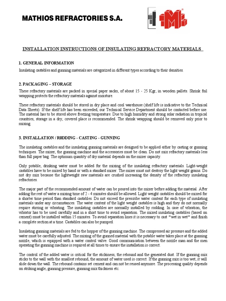 Installation Instructions Insulating Refractory Materials Revision 2 15 ...