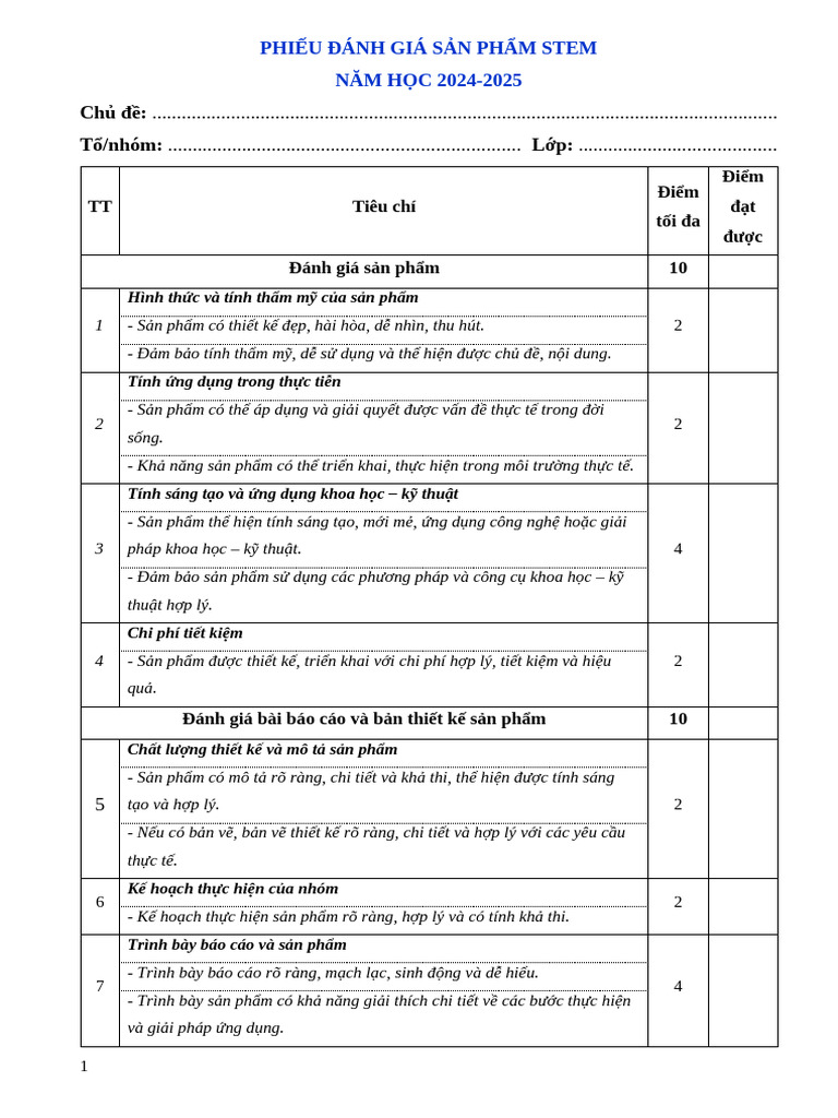 Phieu Danh Gia Stem | PDF