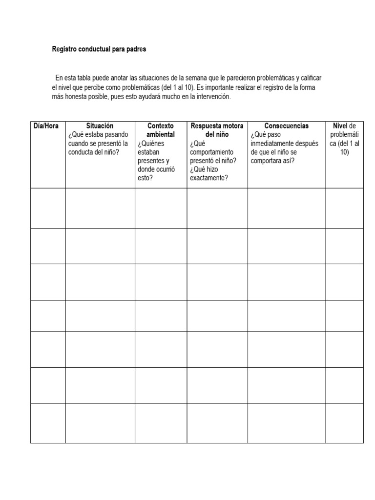 Registro Conductual Semanal para Padres | PDF