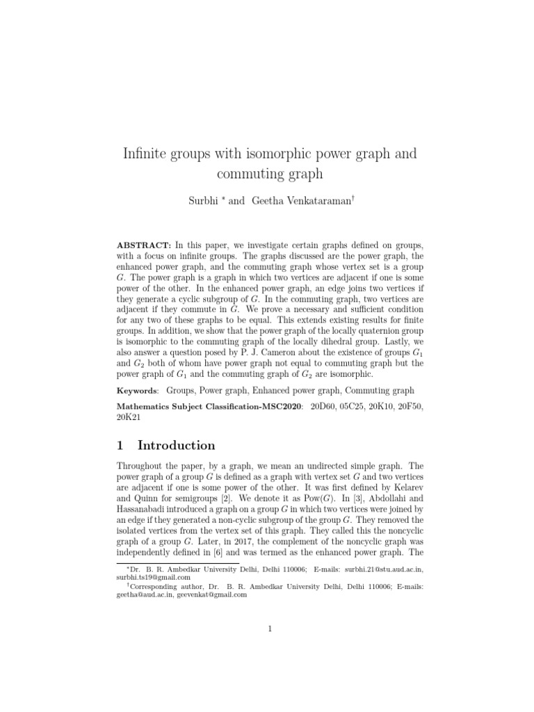 Isomorphic Power and Commuting Graphs in Infinite Groups | PDF | Group (Mathematics) | Vertex ...