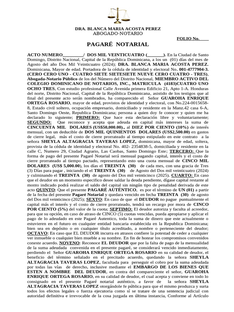 1-Pagare Notarial Sheila | PDF | Pagos | República Dominicana