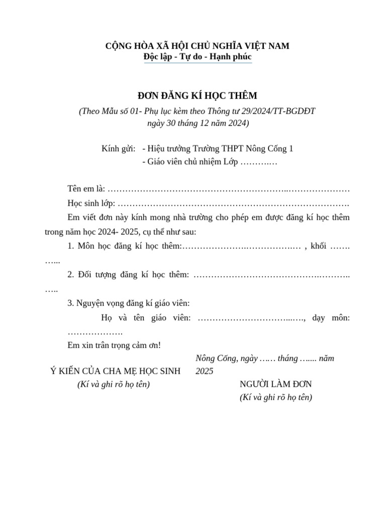 2025- Mẫu số 01- Đơn đăng ký học thêm- TT29 | PDF