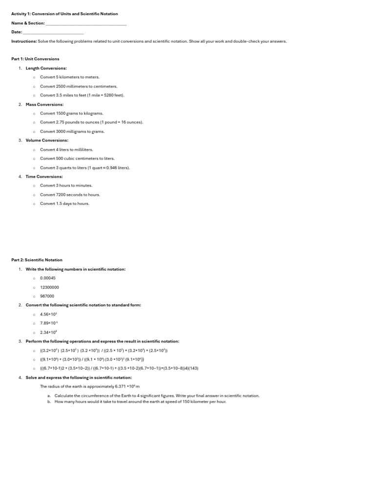 GP1_ActivitySheet1_Units_Scientific | PDF | Litre | Pound (Mass)