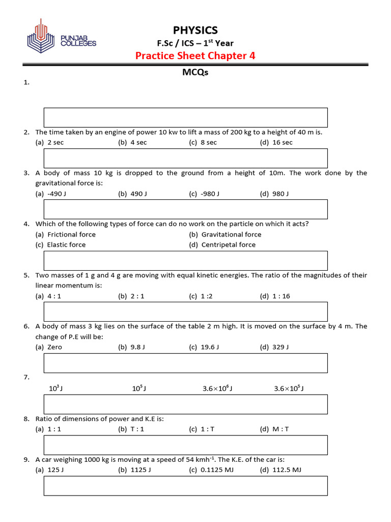 Physics Practice Sheet P-1-Ch.4 | PDF | Force | Mass