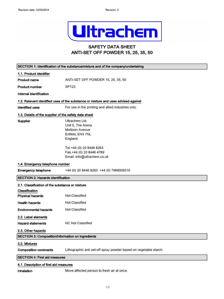 Anti-Set Off Powder Safety Data Sheet | PDF | Dangerous Goods | Safety