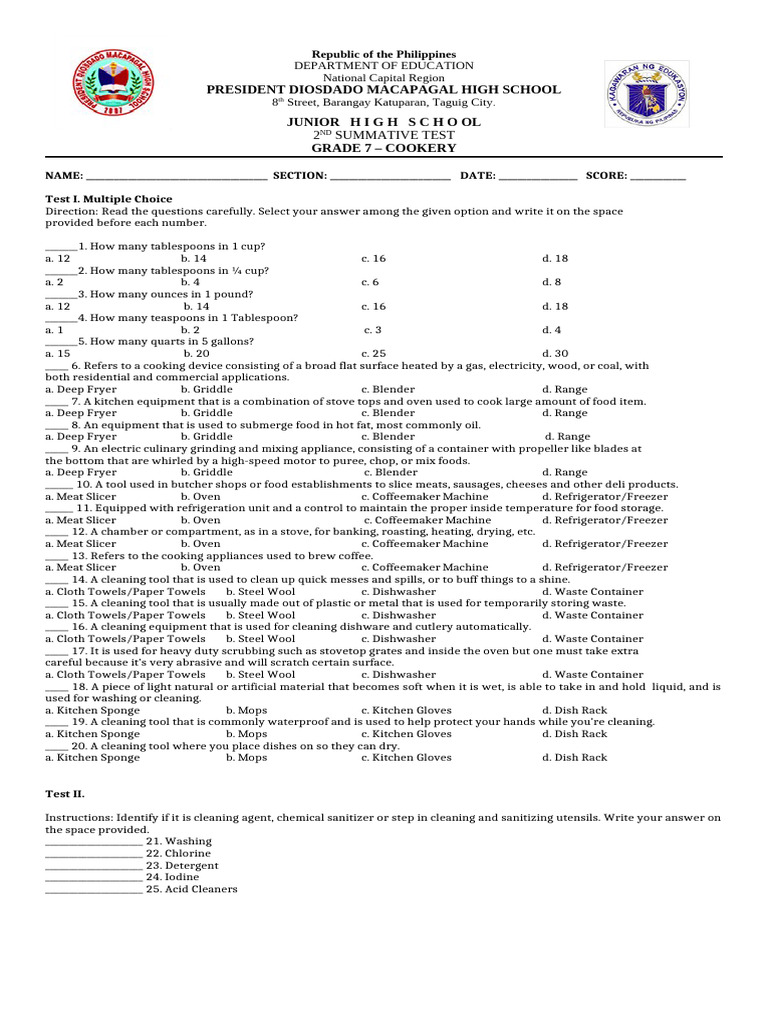 2nd Quarter Unit Test Cookery G7 | PDF | Refrigerator | Oven