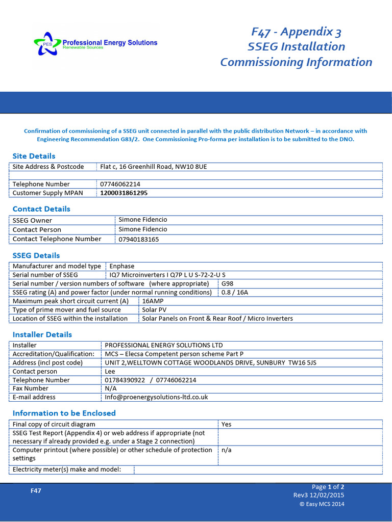 SSEG Commissioning Form G98 Compliance | PDF | Photovoltaic System ...