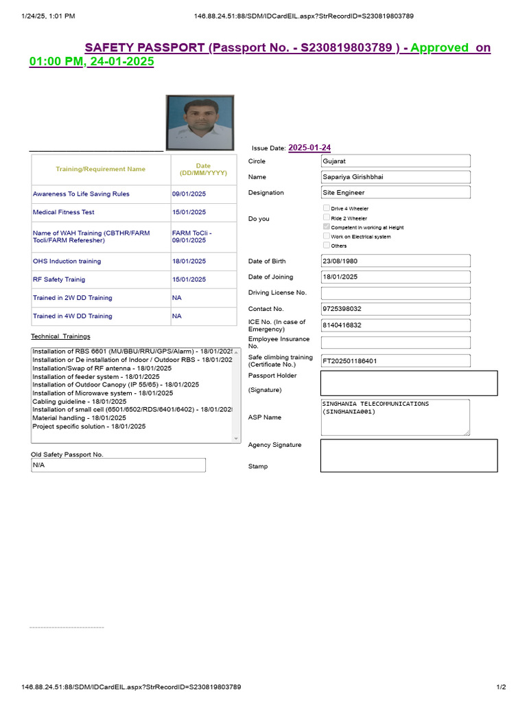Sapariya Girish Safety Passport | PDF | Electricity | Electromagnetic ...