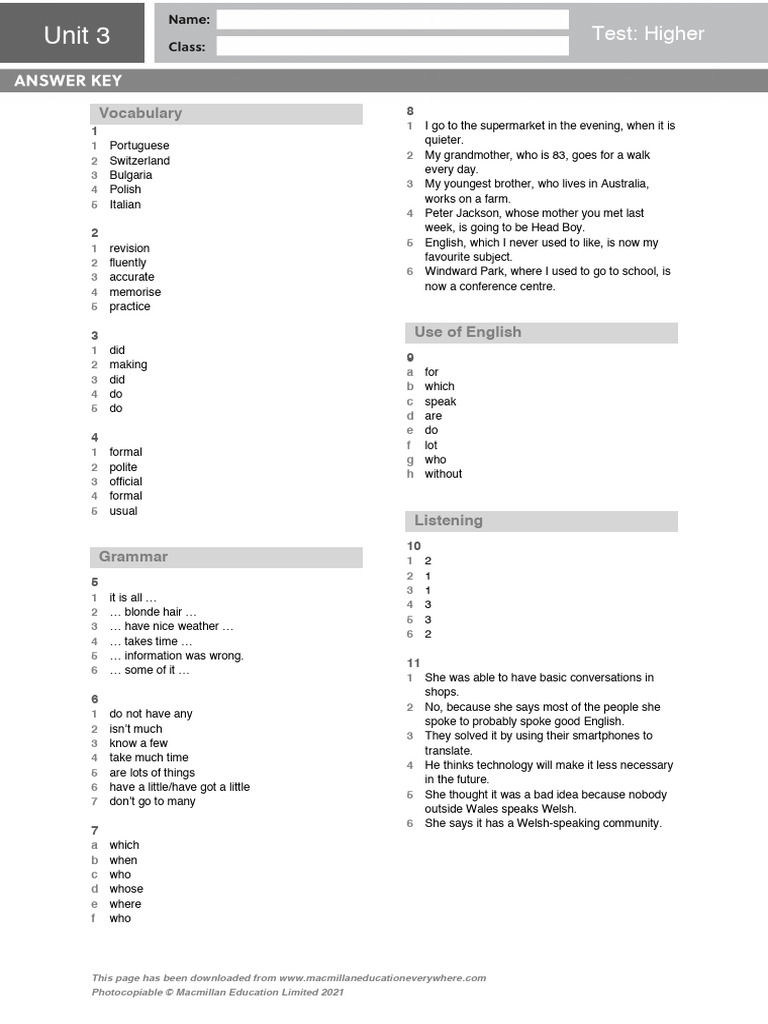 Level3 U3 Test Higher Answer Key | PDF | Linguistics | Human Communication