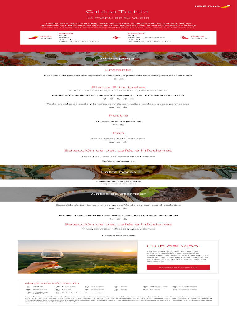 Menú de Cabina Turista en Vuelo IB338 | PDF | Vino | ensalada