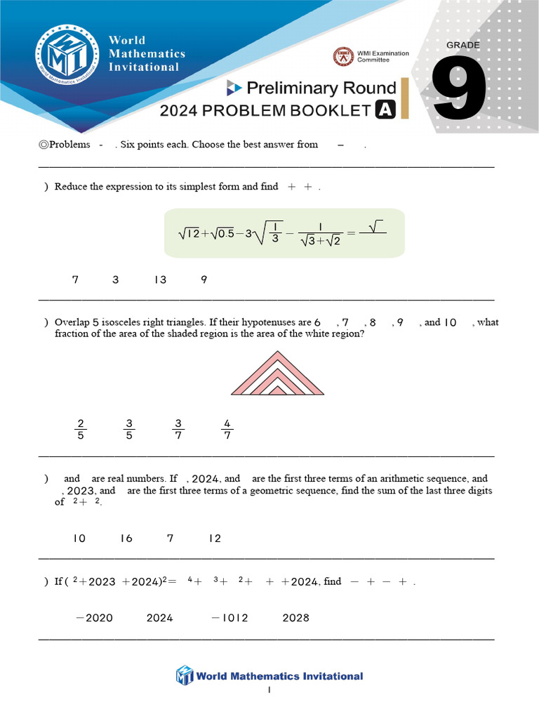 WMI 2024 Prelim Grade 09 Paper A Question | PDF | Elementary Mathematics | Elementary Geometry