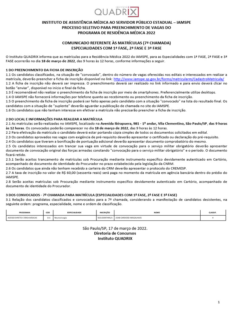 IAMSPE RM-2021-comunicado Matricula Chamada 7 B | PDF