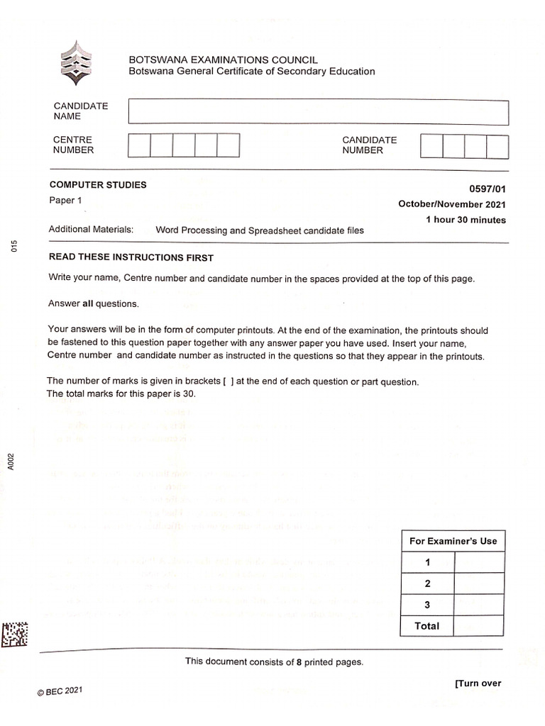(2021) Computer Studies Pp1 | PDF