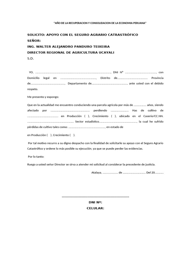 Solicitud De Apoyo Con El Seguro Agrario Pdf