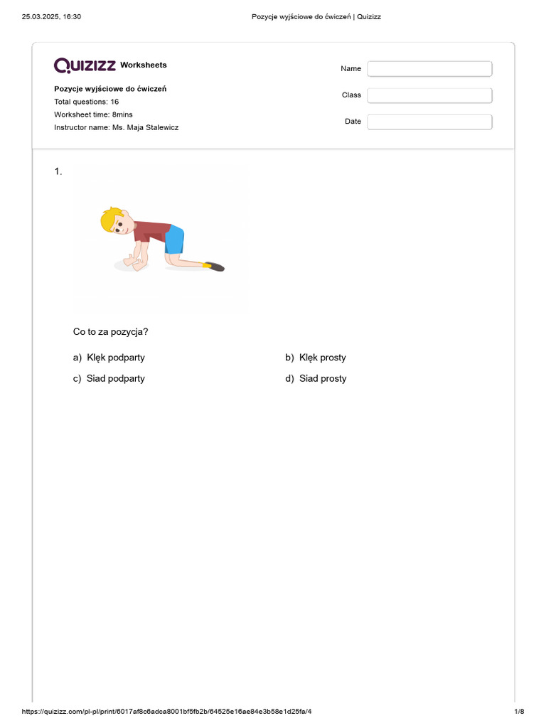 Quizizz - Pozycje Wyjściowe Do Ćwiczeń | PDF