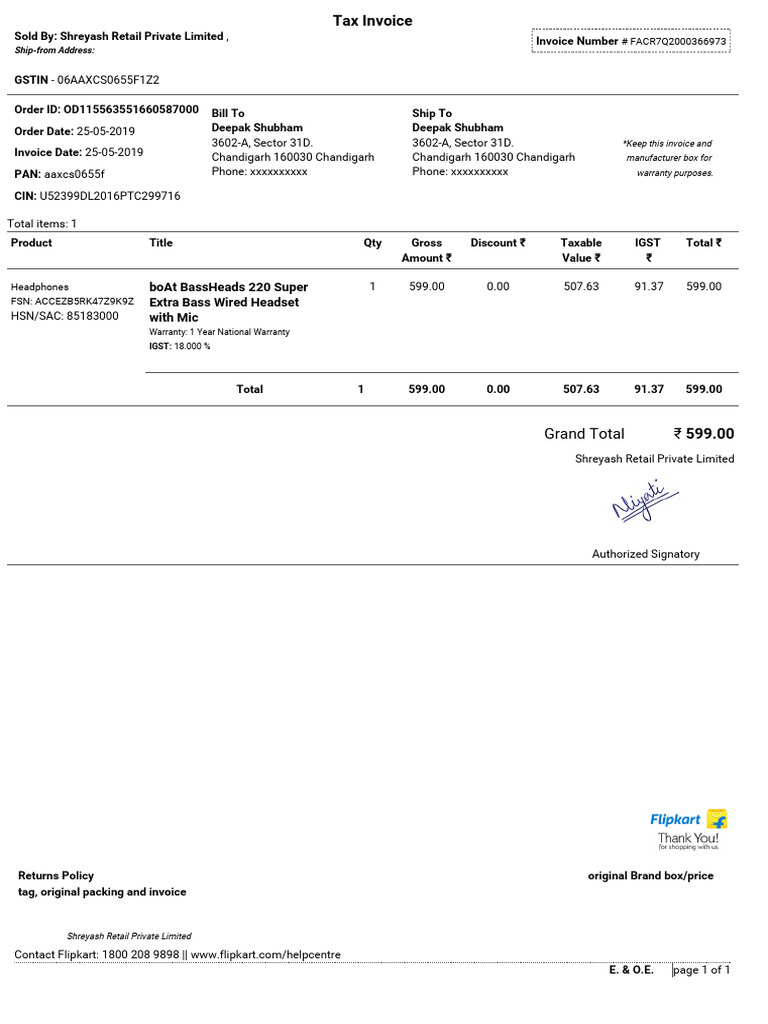 Boat Earphone Invoice 225 | PDF | Payments | Government Finances