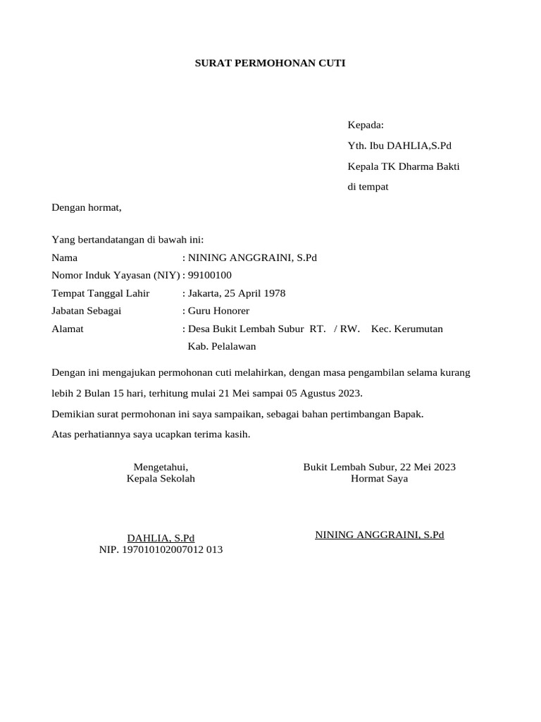 Surat Ijin Cuti Melahirkan | PDF