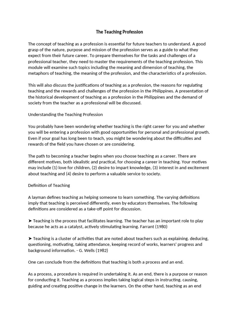 Understanding the Teaching Profession | PDF | Teachers | Learning