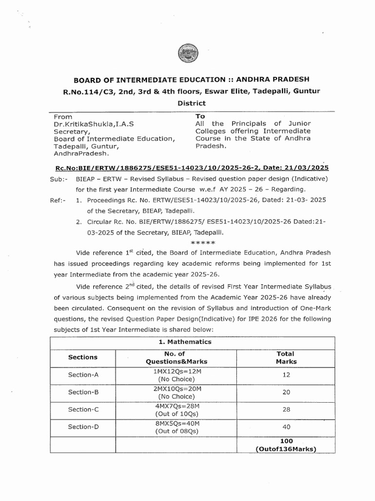 Circular On 1st Year Intermediate QP Design W.E.F 2025-26 | PDF