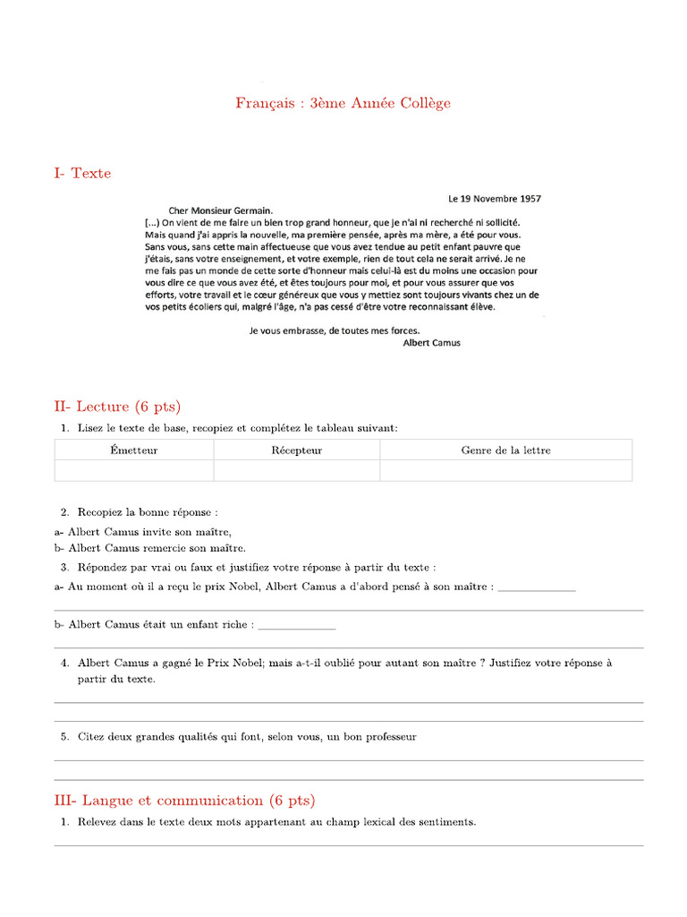 Francais 3ac Examen Local PDF | PDF