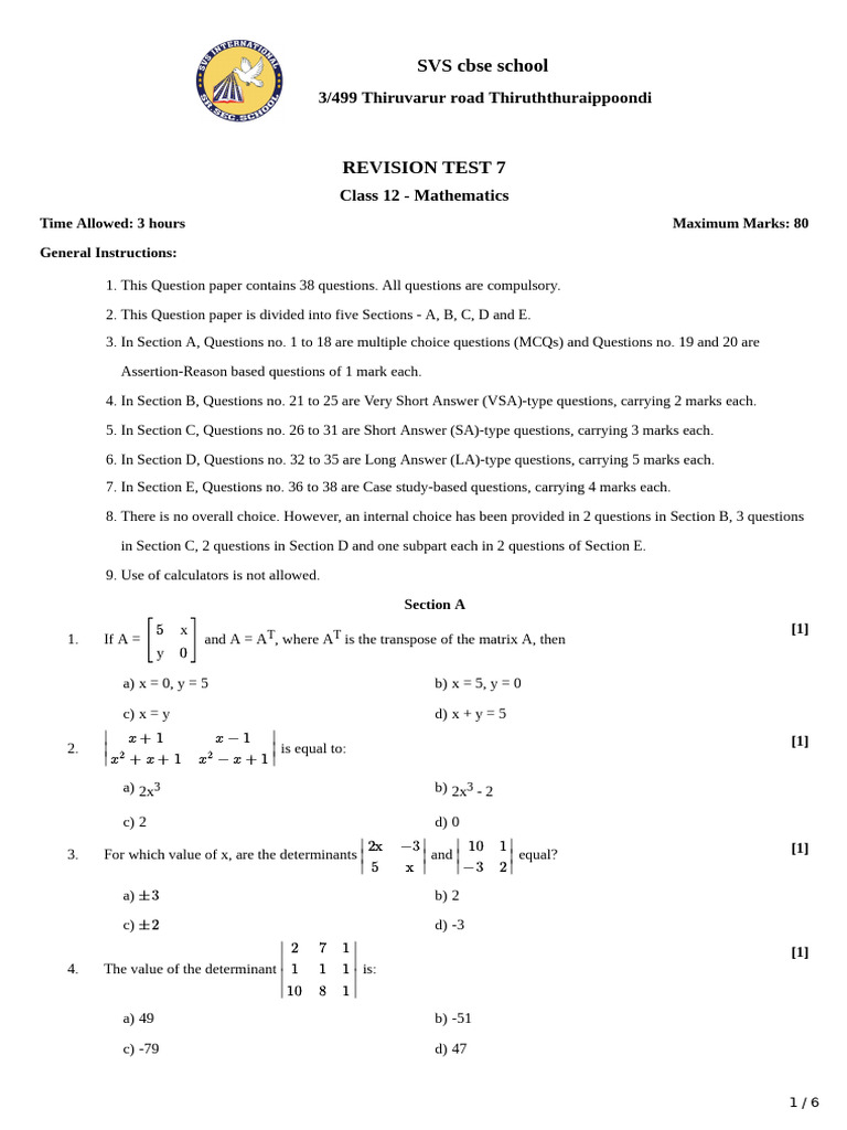 Class 12 Mathematics Revision Test | PDF | Geometry | Mathematical Physics