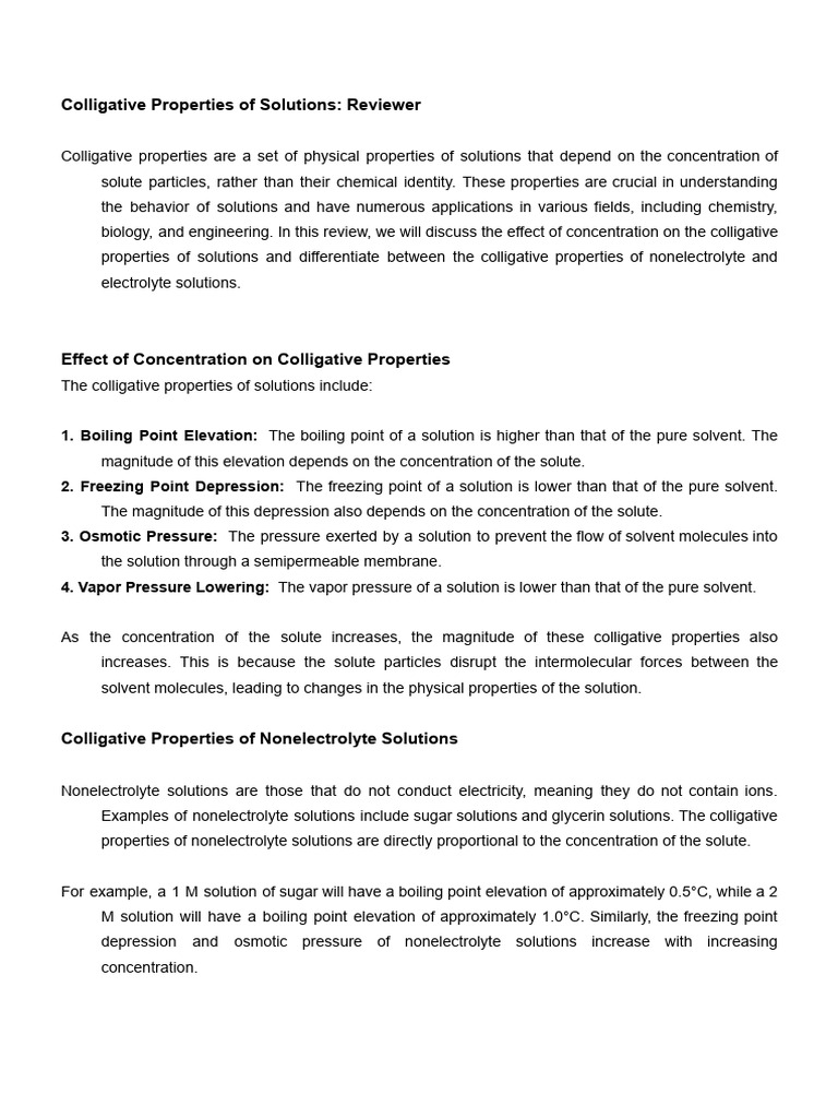 Colligative Properties Reviewer | PDF | Electrolyte | Chemistry
