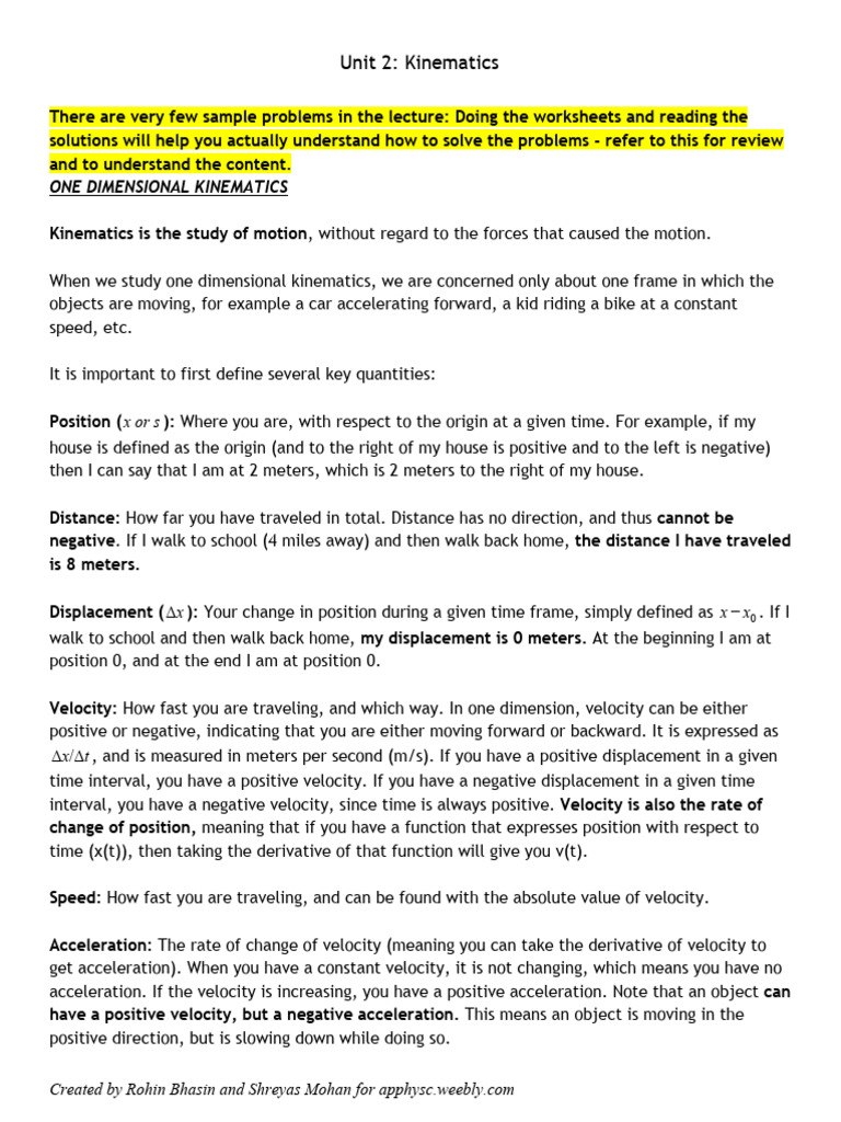 Physicscunit 2 Contentreviewsheet | PDF | Acceleration | Velocity