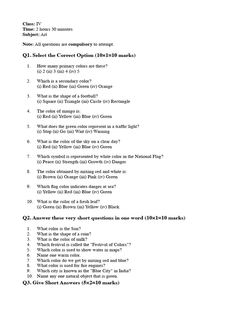 Class 4 Question Paper | PDF