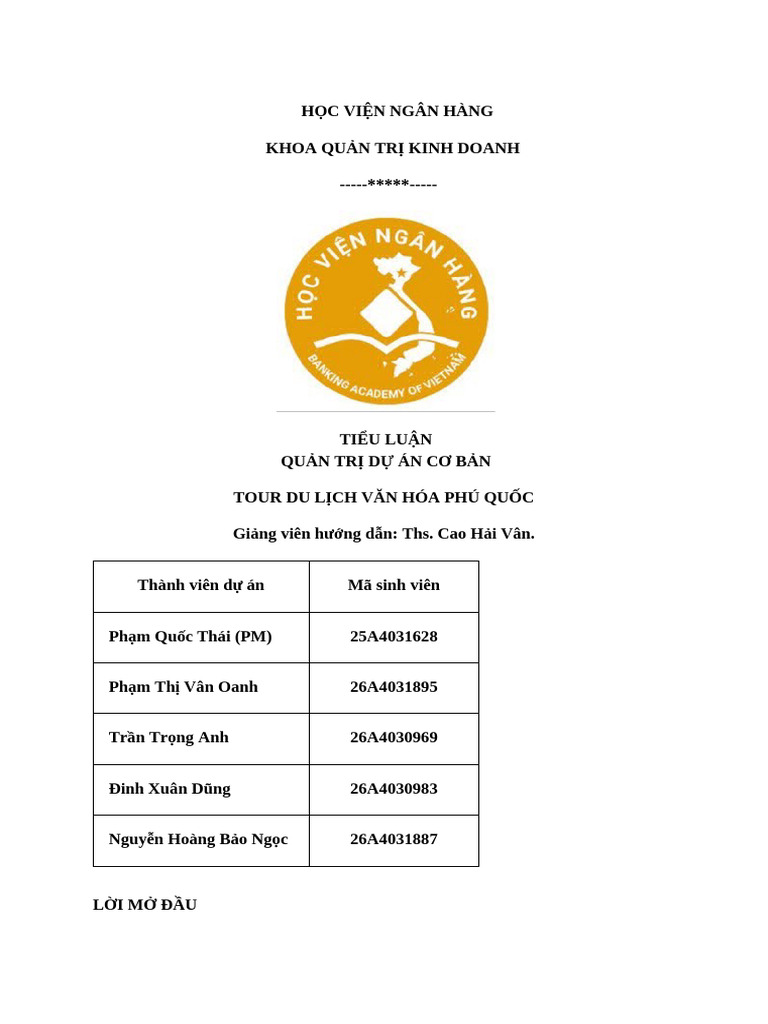 BÀI TẬP LỚN QTDA NHÓM 1 | PDF