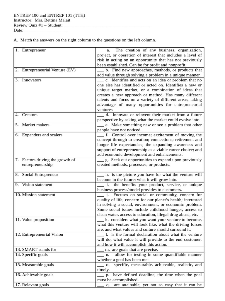 1review Quiz Covering W1 2 To W2 1 Entrep 100 and 101 | PDF ...