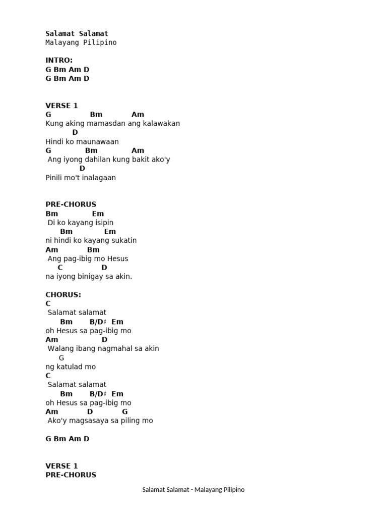 (Chord Sheet) Salamat Salamat - Malayang Pilipino (G) | PDF
