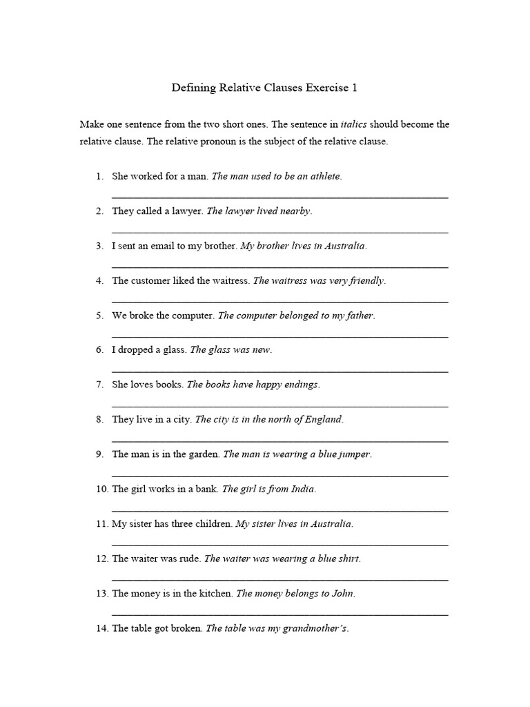 Defining Relative Clauses Exercises | PDF | Subject (Grammar ...